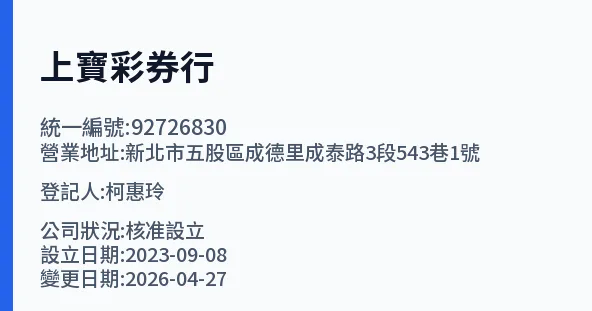 上寶彩券行的照片-統編 92726830(新北市) 公司登記資料與營業項目詳細圖表