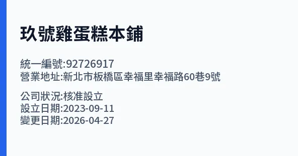 玖號雞蛋糕本鋪的照片-統編 92726917(新北市) 公司登記資料與營業項目詳細圖表