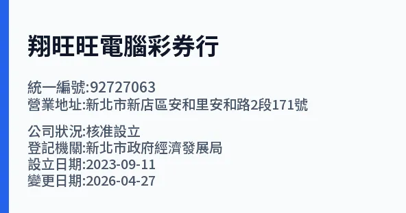 翔旺旺電腦彩券行的照片-統編 92727063(新北市) 公司登記資料與營業項目詳細圖表