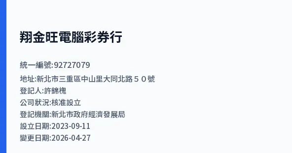 翔金旺電腦彩券行的照片-統編 92727079(新北市) 公司登記資料與營業項目詳細圖表