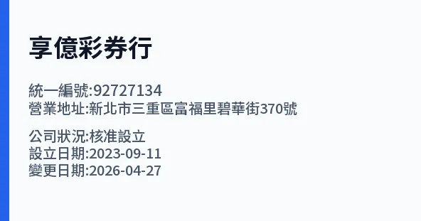 享億彩券行的照片-統編 92727134(新北市) 公司登記資料與營業項目詳細圖表