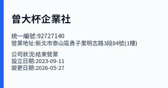 曾大杯企業社的照片-統編 92727140(新北市) 公司登記資料與營業項目詳細圖表