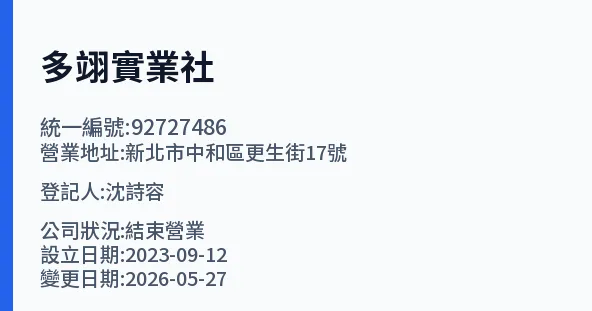 多翊實業社的照片-統編 92727486(新北市) 公司登記資料與營業項目詳細圖表