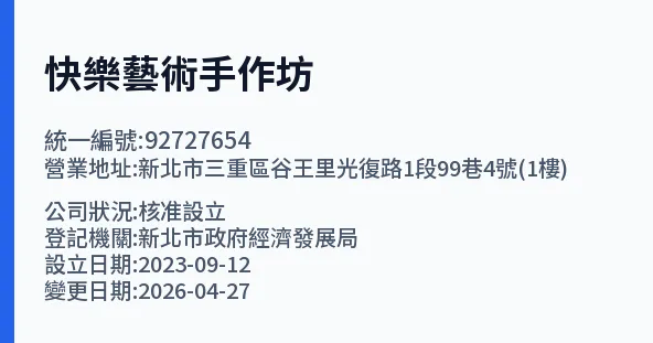 快樂藝術手作坊的照片-統編 92727654(新北市) 公司登記資料與營業項目詳細圖表