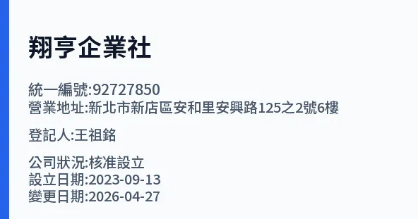 翔亨企業社的照片-統編 92727850(新北市) 公司登記資料與營業項目詳細圖表