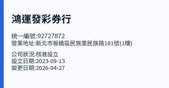 鴻運發彩券行的照片-統編 92727872(新北市) 公司登記資料與營業項目詳細圖表