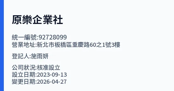 原樂企業社的照片-統編 92728099(新北市) 公司登記資料與營業項目詳細圖表