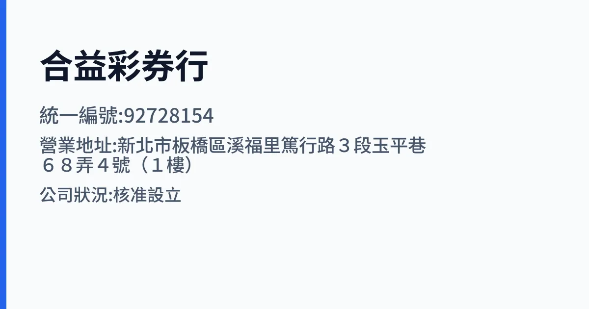 合益彩券行 - 統編 92728154(新北市) 公司登記資料與營業項目詳細圖表