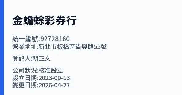 金蟾蜍彩券行的照片-統編 92728160(新北市) 公司登記資料與營業項目詳細圖表