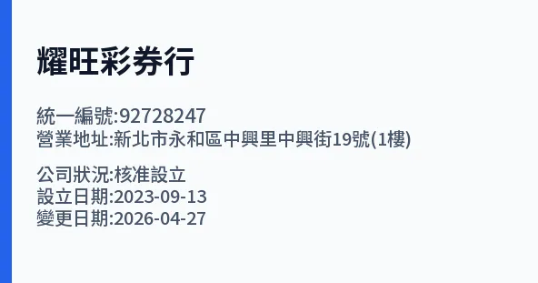 耀旺彩券行的照片-統編 92728247(新北市) 公司登記資料與營業項目詳細圖表