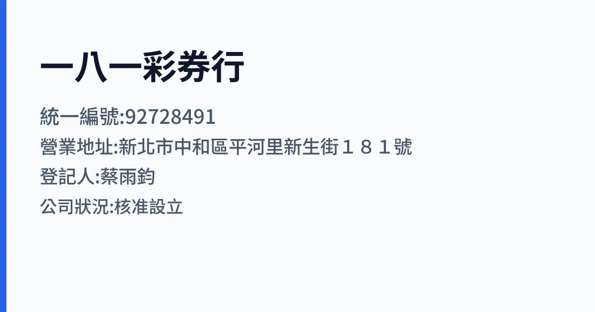 一八一彩券行 - 統編 92728491(新北市) 公司登記資料與營業項目詳細圖表