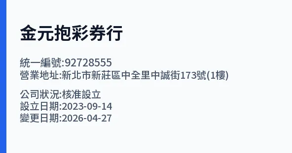 金元抱彩券行的照片-統編 92728555(新北市) 公司登記資料與營業項目詳細圖表