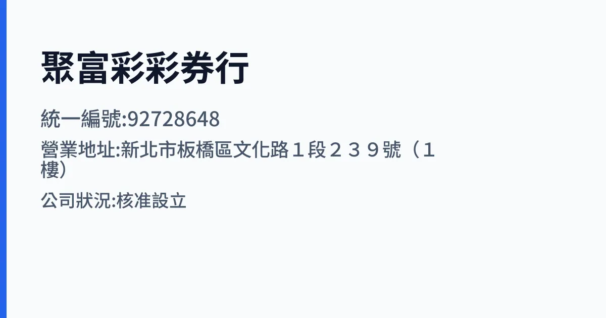 聚富彩彩券行 - 統編 92728648(新北市) 公司登記資料與營業項目詳細圖表