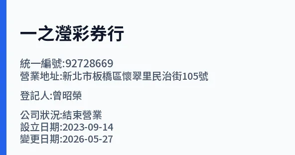 一之瀅彩券行的照片-統編 92728669(新北市) 公司登記資料與營業項目詳細圖表
