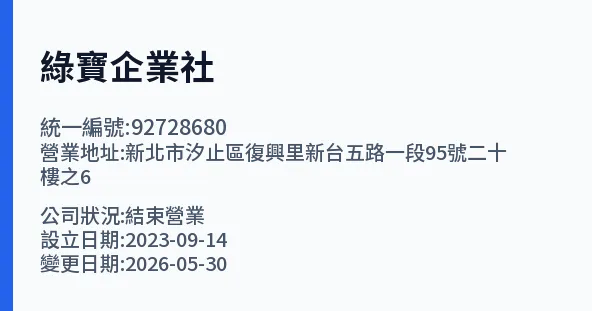 綠寶企業社的照片-統編 92728680(新北市) 公司登記資料與營業項目詳細圖表