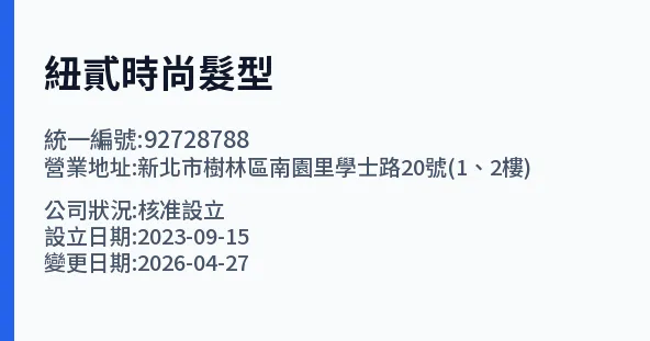 紐貳時尚髮型的照片-統編 92728788(新北市) 公司登記資料與營業項目詳細圖表