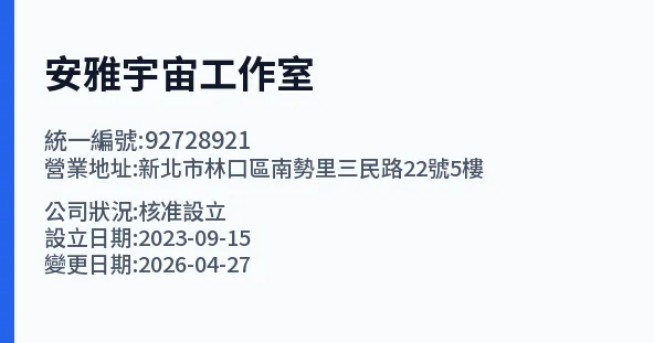 安雅宇宙工作室的照片-統編 92728921(新北市) 公司登記資料與營業項目詳細圖表