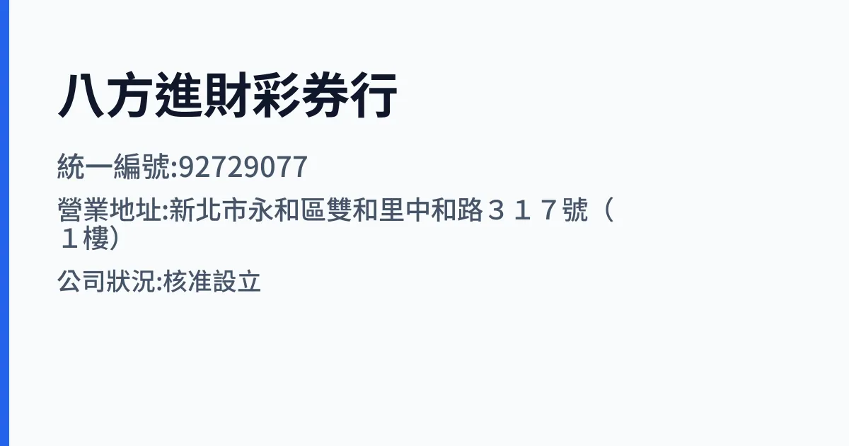 八方進財彩券行 - 統編 92729077(新北市) 公司登記資料與營業項目詳細圖表