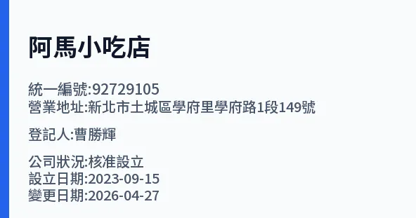 阿馬小吃店的照片-統編 92729105(新北市) 公司登記資料與營業項目詳細圖表