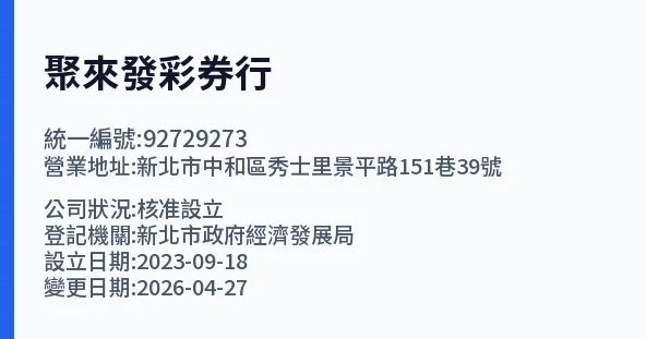 聚來發彩券行的照片-統編 92729273(新北市) 公司登記資料與營業項目詳細圖表