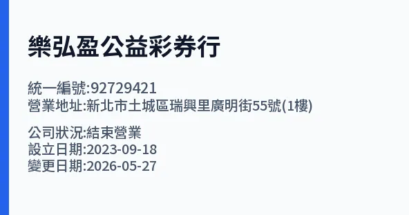 樂弘盈公益彩券行的照片-統編 92729421(新北市) 公司登記資料與營業項目詳細圖表