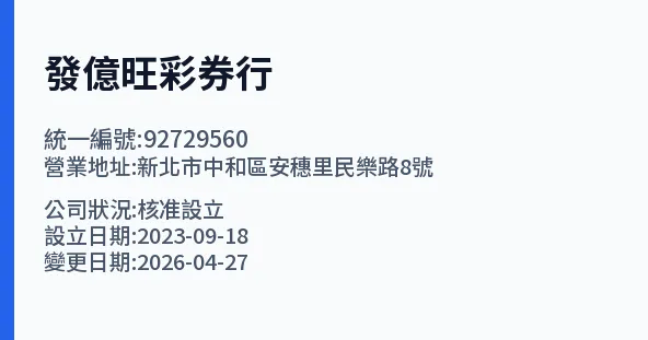發億旺彩券行的照片-統編 92729560(新北市) 公司登記資料與營業項目詳細圖表