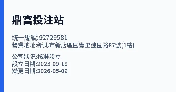 鼎富投注站的照片-統編 92729581(新北市) 公司登記資料與營業項目詳細圖表