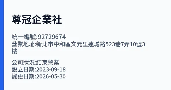 尊冠企業社的照片-統編 92729674(新北市) 公司登記資料與營業項目詳細圖表