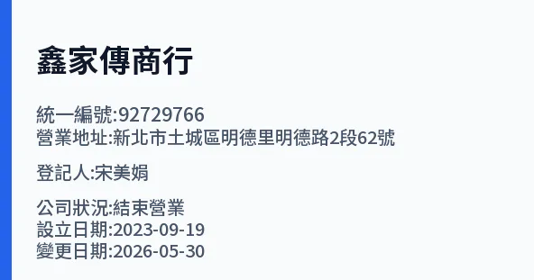 鑫家傳商行的照片-統編 92729766(新北市) 公司登記資料與營業項目詳細圖表