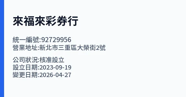 來福來彩券行的照片-統編 92729956(新北市) 公司登記資料與營業項目詳細圖表