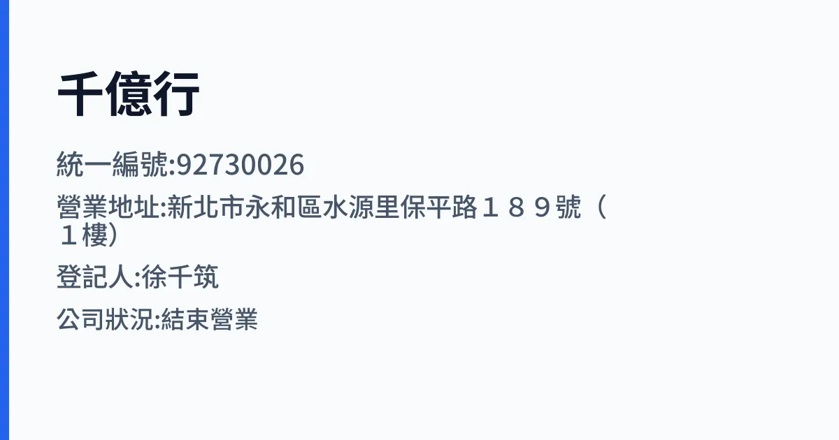 千億行 - 統編 92730026(新北市) 公司登記資料與營業項目詳細圖表