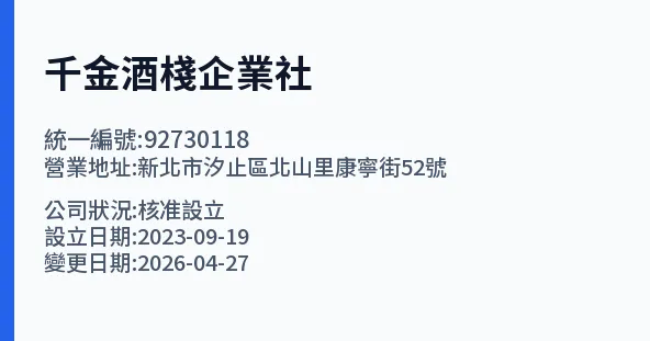 千金酒棧企業社的照片-統編 92730118(新北市) 公司登記資料與營業項目詳細圖表