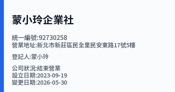 蒙小玲企業社的照片-統編 92730258(新北市) 公司登記資料與營業項目詳細圖表
