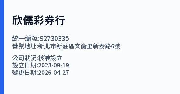 欣儒彩券行的照片-統編 92730335(新北市) 公司登記資料與營業項目詳細圖表