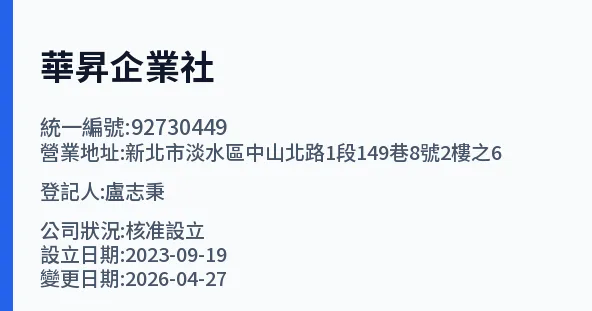 華昇企業社的照片-統編 92730449(新北市) 公司登記資料與營業項目詳細圖表