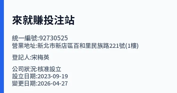 來就賺投注站的照片-統編 92730525(新北市) 公司登記資料與營業項目詳細圖表
