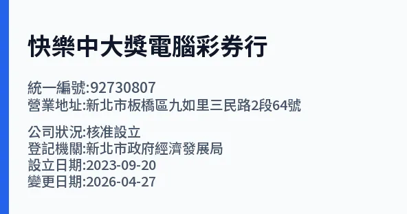 快樂中大獎電腦彩券行的照片-統編 92730807(新北市) 公司登記資料與營業項目詳細圖表
