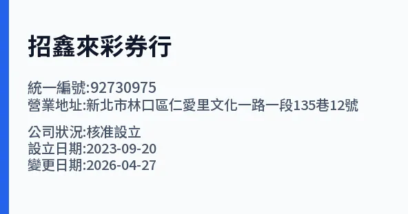 招鑫來彩券行的照片-統編 92730975(新北市) 公司登記資料與營業項目詳細圖表