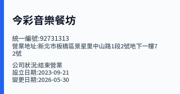 今彩音樂餐坊的照片-統編 92731313(新北市) 公司登記資料與營業項目詳細圖表