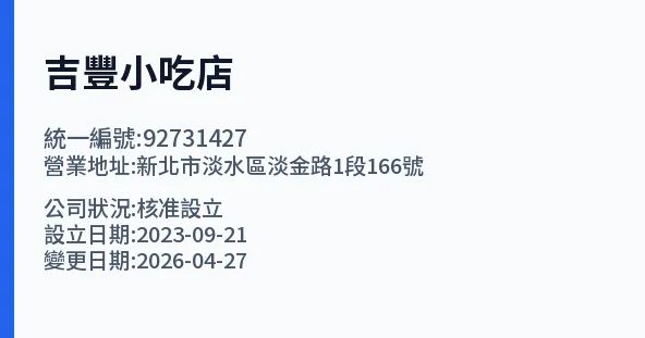吉豐小吃店的照片-統編 92731427(新北市) 公司登記資料與營業項目詳細圖表