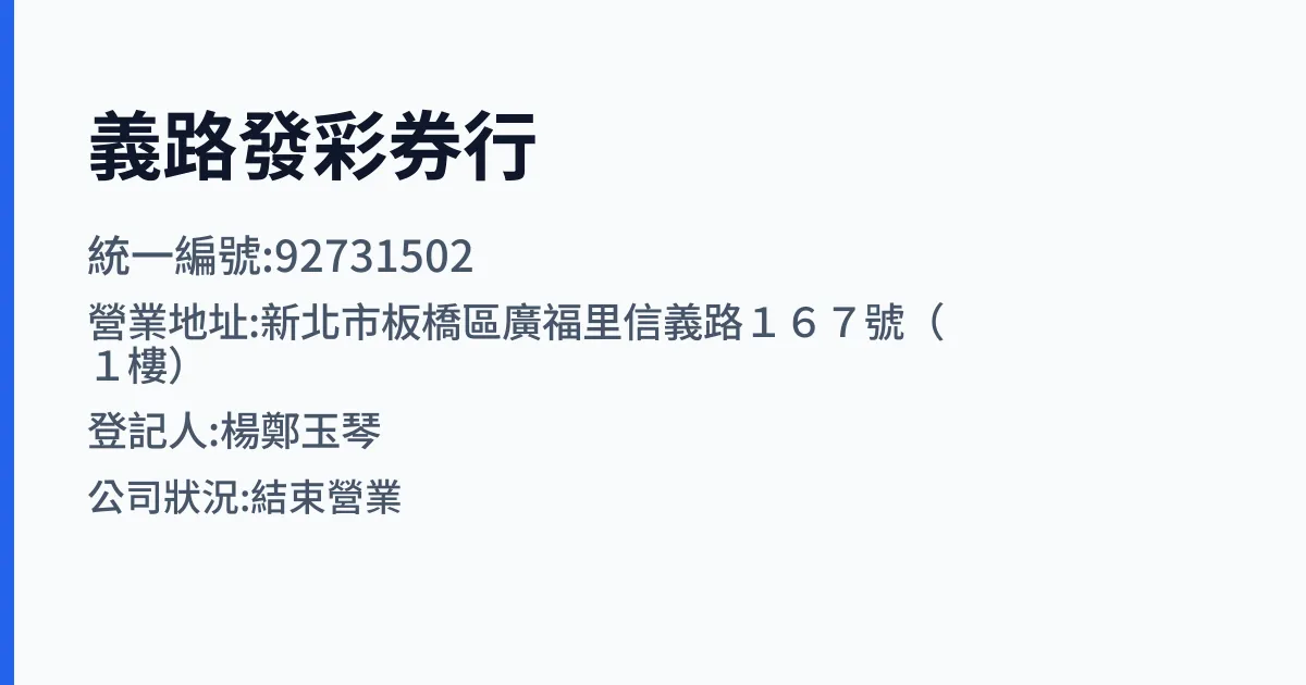 義路發彩券行 - 統編 92731502(新北市) 公司登記資料與營業項目詳細圖表