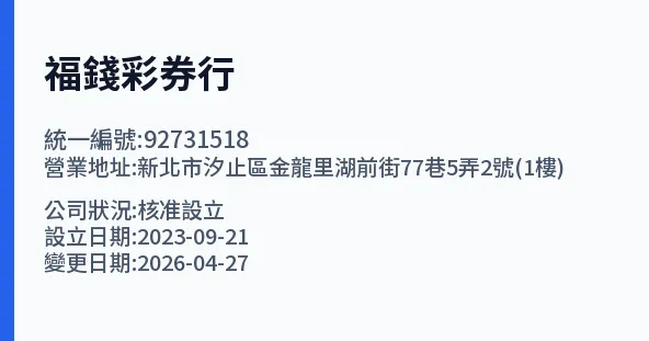 福錢彩券行的照片-統編 92731518(新北市) 公司登記資料與營業項目詳細圖表