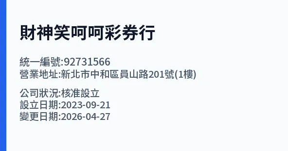 財神笑呵呵彩券行的照片-統編 92731566(新北市) 公司登記資料與營業項目詳細圖表