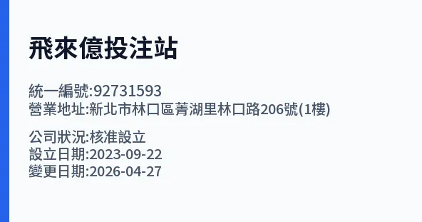 飛來億投注站的照片-統編 92731593(新北市) 公司登記資料與營業項目詳細圖表