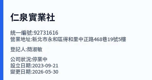 仁泉實業社的照片-統編 92731616(新北市) 公司登記資料與營業項目詳細圖表