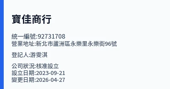 寶佳商行的照片-統編 92731708(新北市) 公司登記資料與營業項目詳細圖表