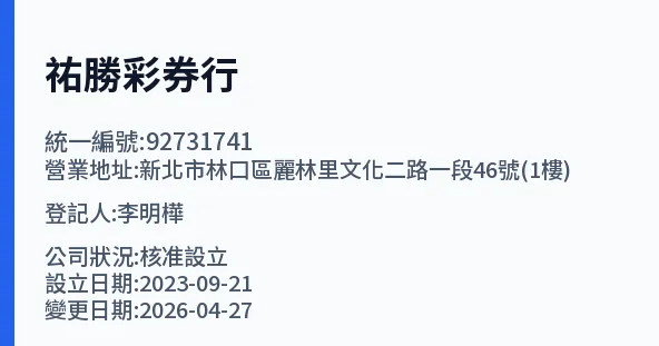 祐勝彩券行的照片-統編 92731741(新北市) 公司登記資料與營業項目詳細圖表