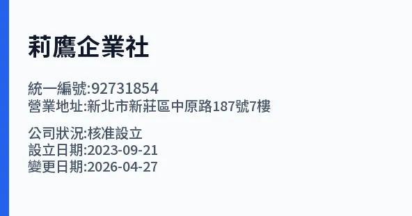 莉鷹企業社的照片-統編 92731854(新北市) 公司登記資料與營業項目詳細圖表