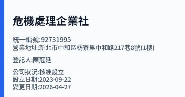 危機處理企業社的照片-統編 92731995(新北市) 公司登記資料與營業項目詳細圖表