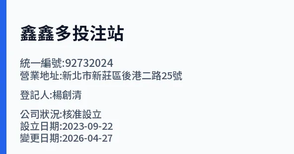 鑫鑫多投注站的照片-統編 92732024(新北市) 公司登記資料與營業項目詳細圖表
